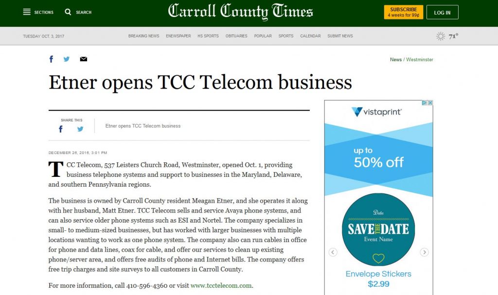 Carroll County Time Article - TCC Telecom